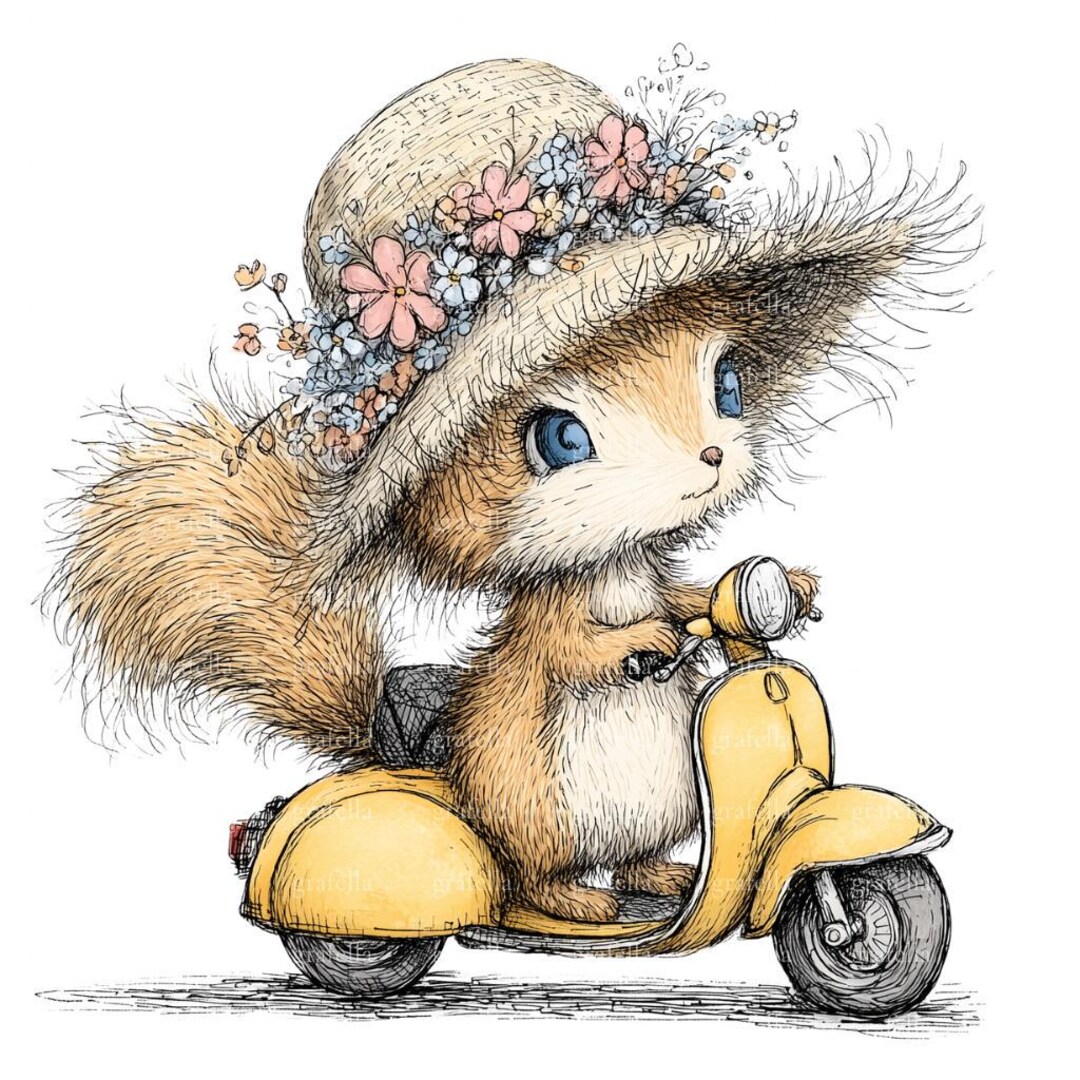 8 Woodland Animals Riding a Yellow Scooter Clipart, Whimsical ...