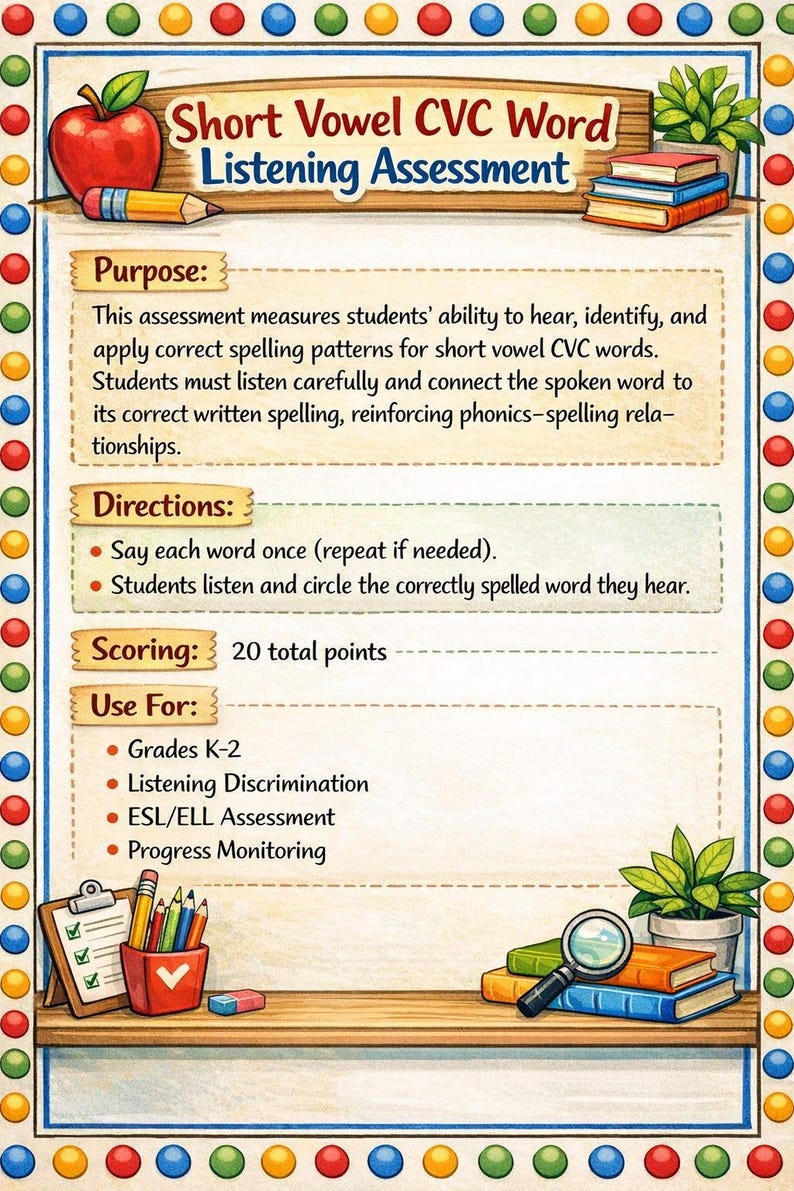 Short Vowel CVC Listening Assessment for K-2| ESL & Intervention| No ...