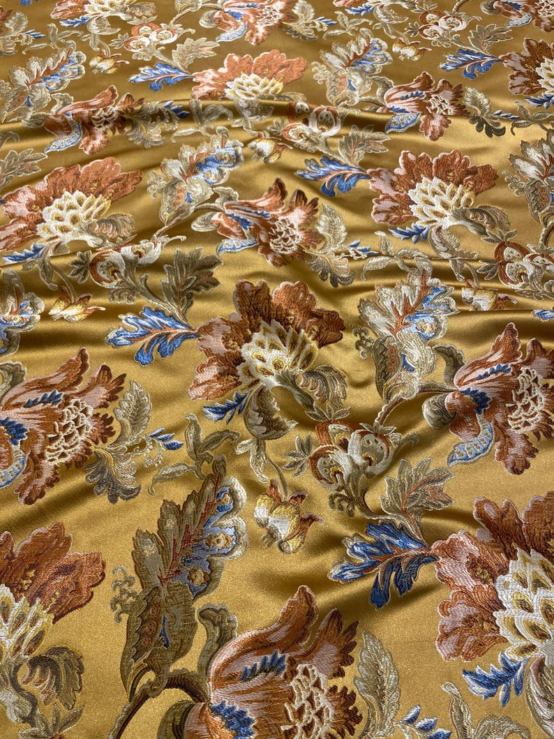 Gold Floral Jacquard Satin Fabric by the Yard, Luxury Upholstery ...