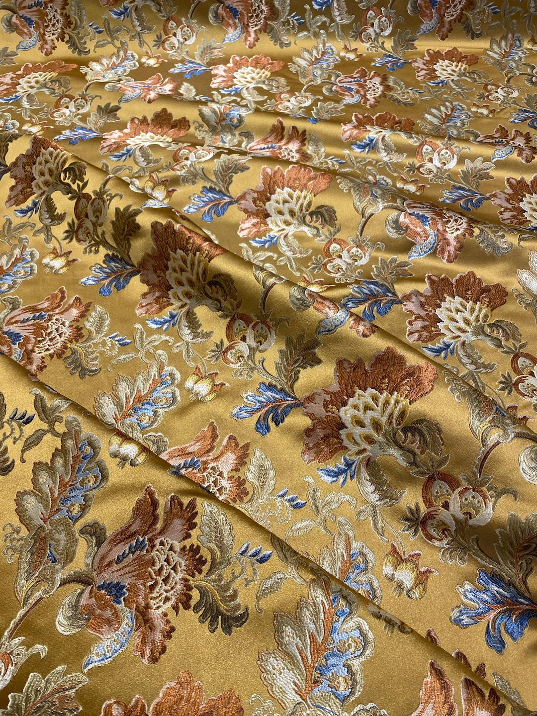 Gold Floral Jacquard Satin Fabric by the Yard, Luxury Upholstery ...