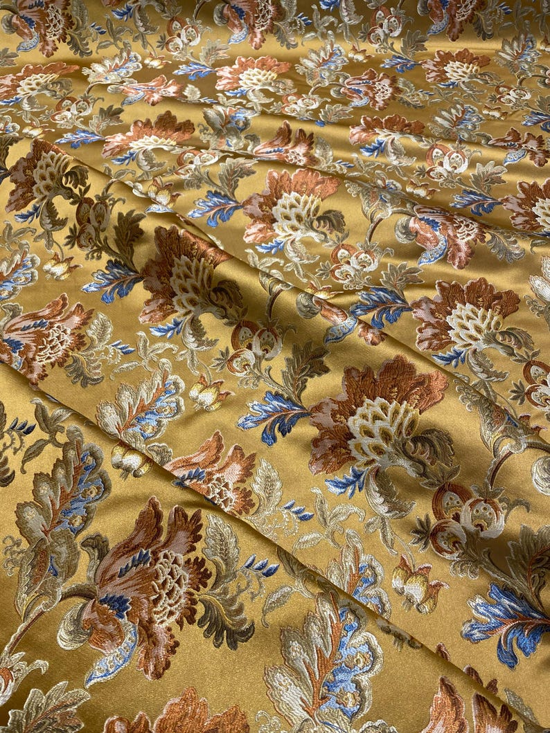 Gold Floral Jacquard Satin Fabric by the Yard, Luxury Upholstery ...