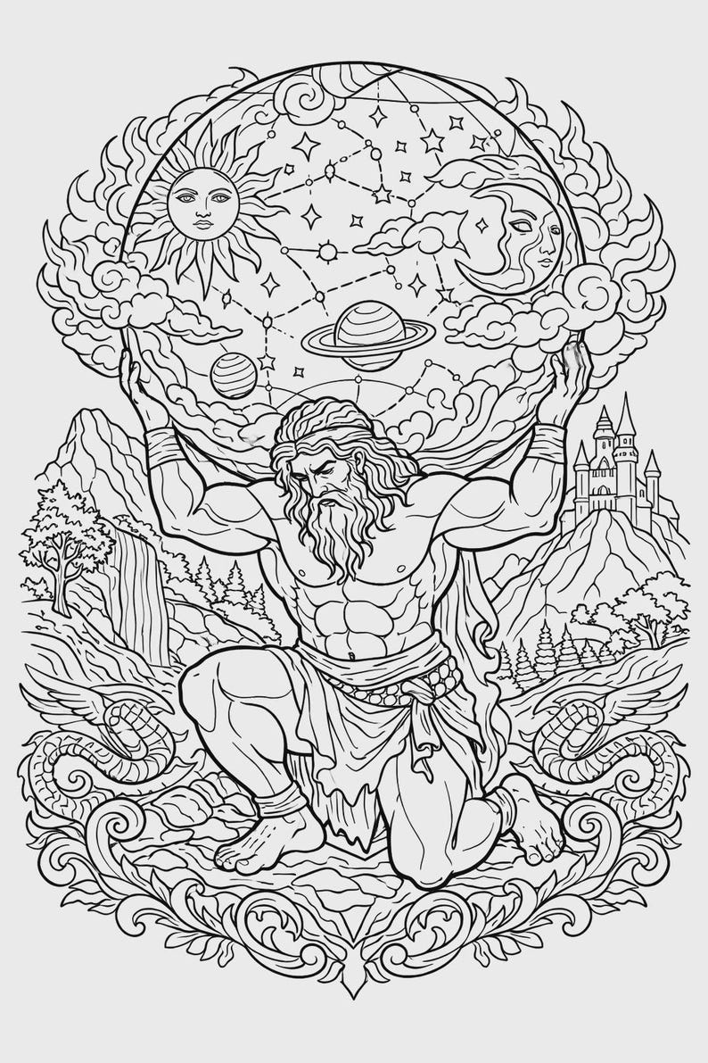 Printable Atlas Coloring Page – Greek Mythology Adult Coloring Art PDF ...