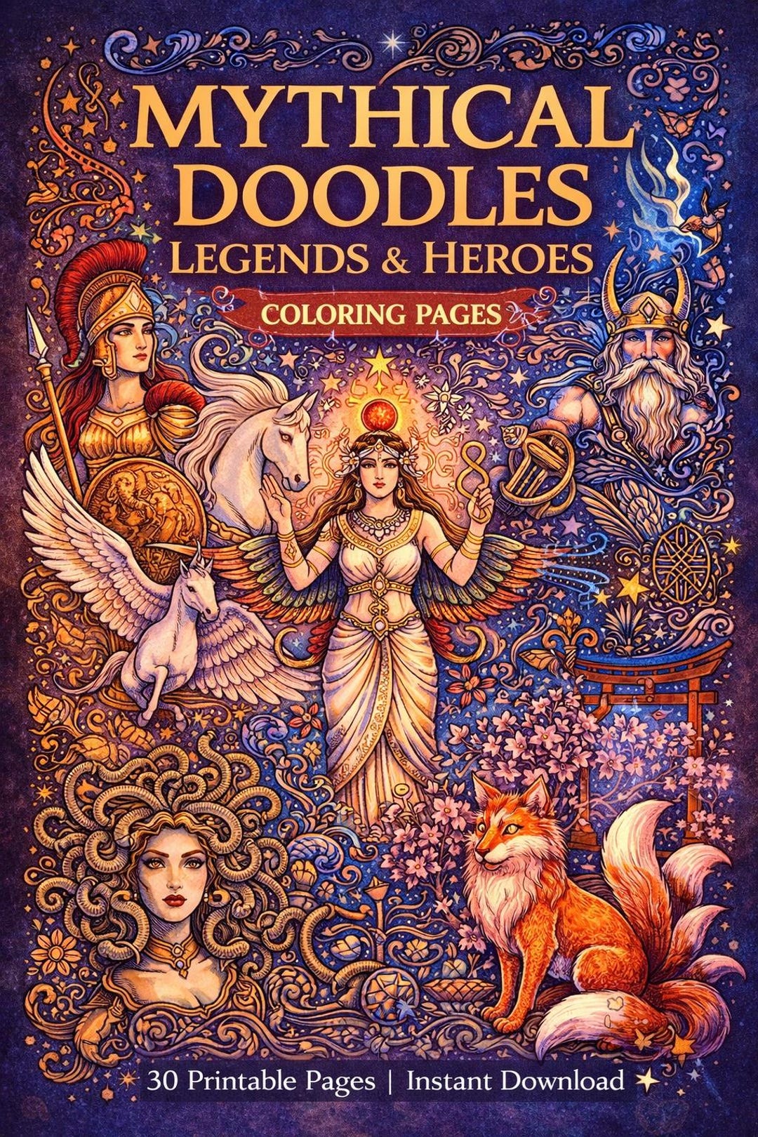 Mythical Doodles Coloring Book | Legends Heroes Fantasy Pages (digital ...