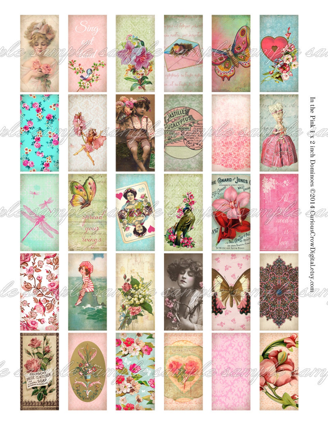 Vintage Variety of Pink Designs 1 X 2 Inch Domino Digital | Etsy