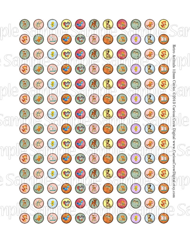 Cute Retro Animals 12mm Circle Rounds Digital Collage Sheet - Etsy