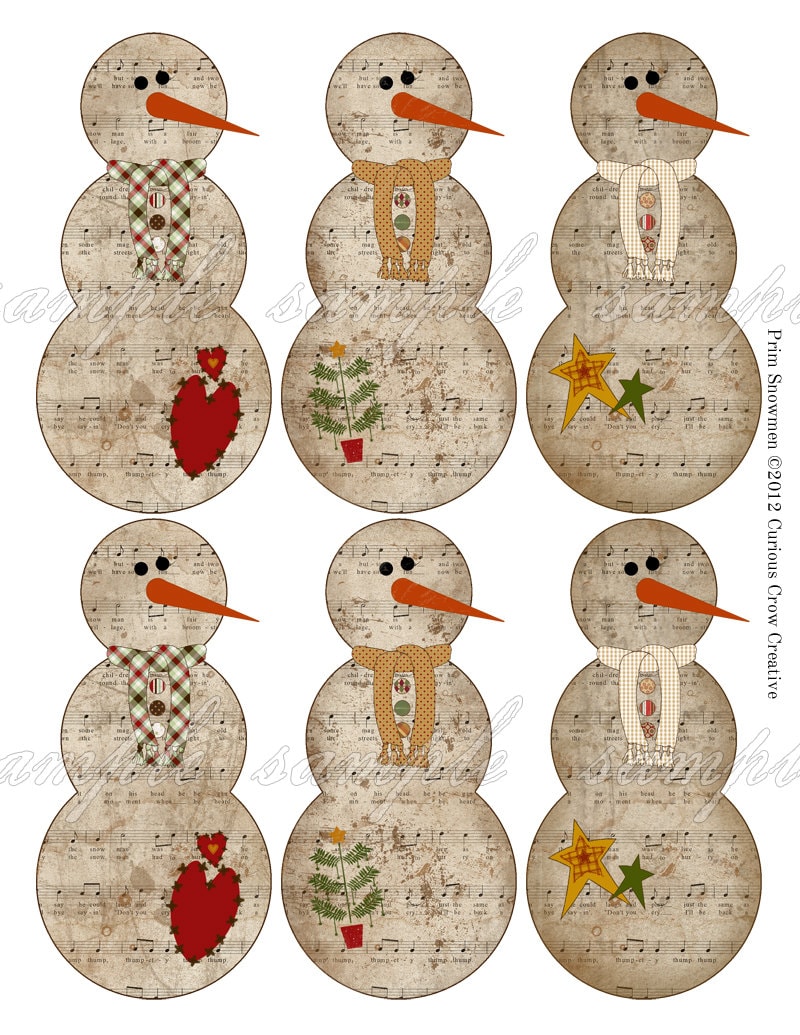Prim Sheet Music Snowmen Digital Collage Sheet Christmas | Etsy