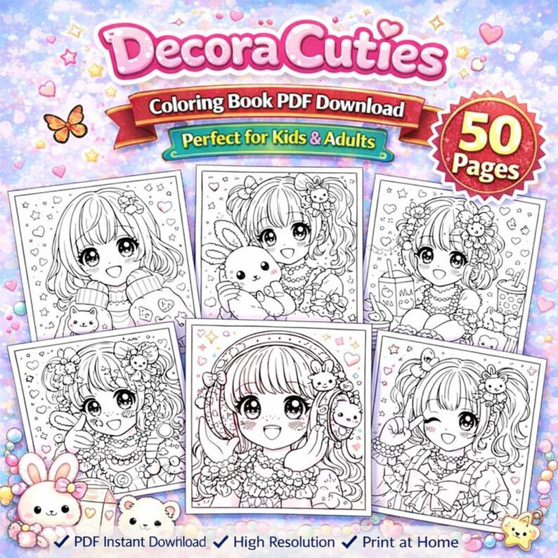 Kawaii Decora Girls Coloring Pages | Anime Black White Line Art ...