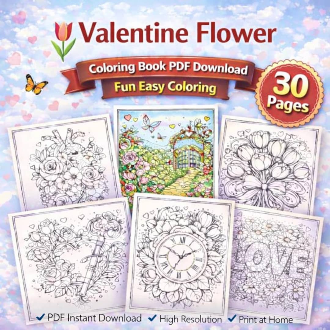 Valentine Flower Coloring Pages Printable Floral Love Designs PDF - Etsy
