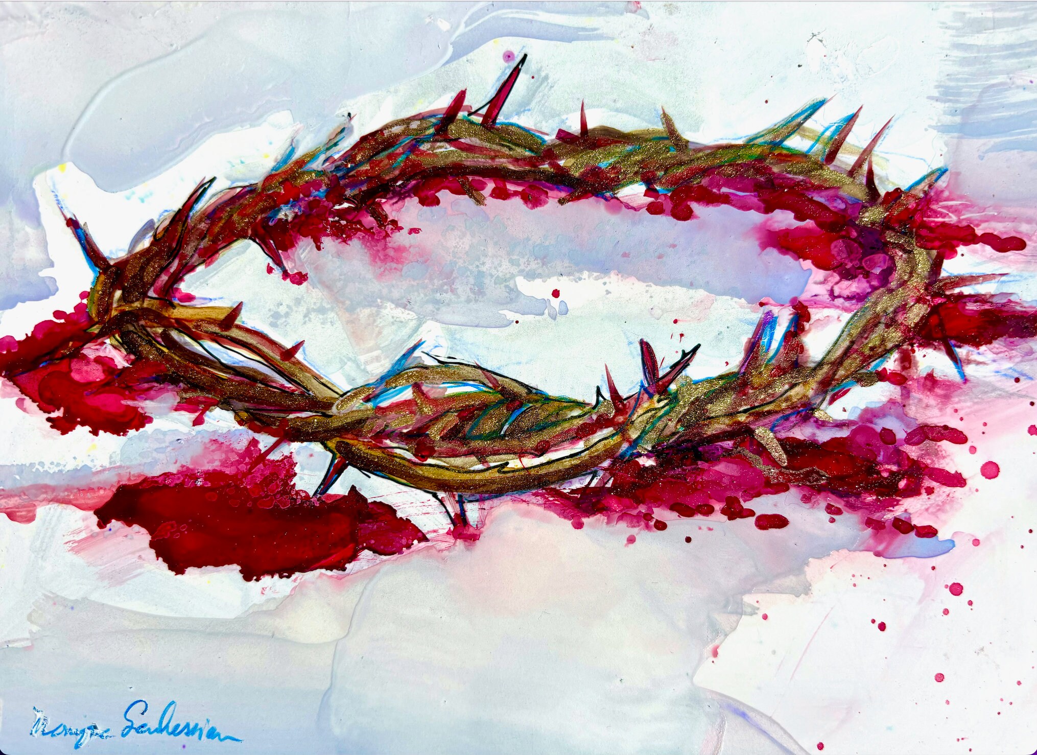 JESUS ART Crown of Thorns Prophetic Art Jesus Alcohol Ink Painting New ...