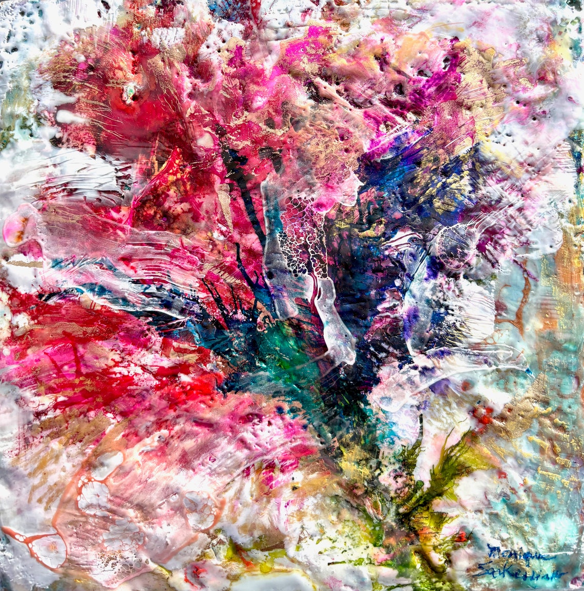 ALCOHOL INK ENCAUSTIC Wax Painting Inspiring Purple Magenta Flower ...