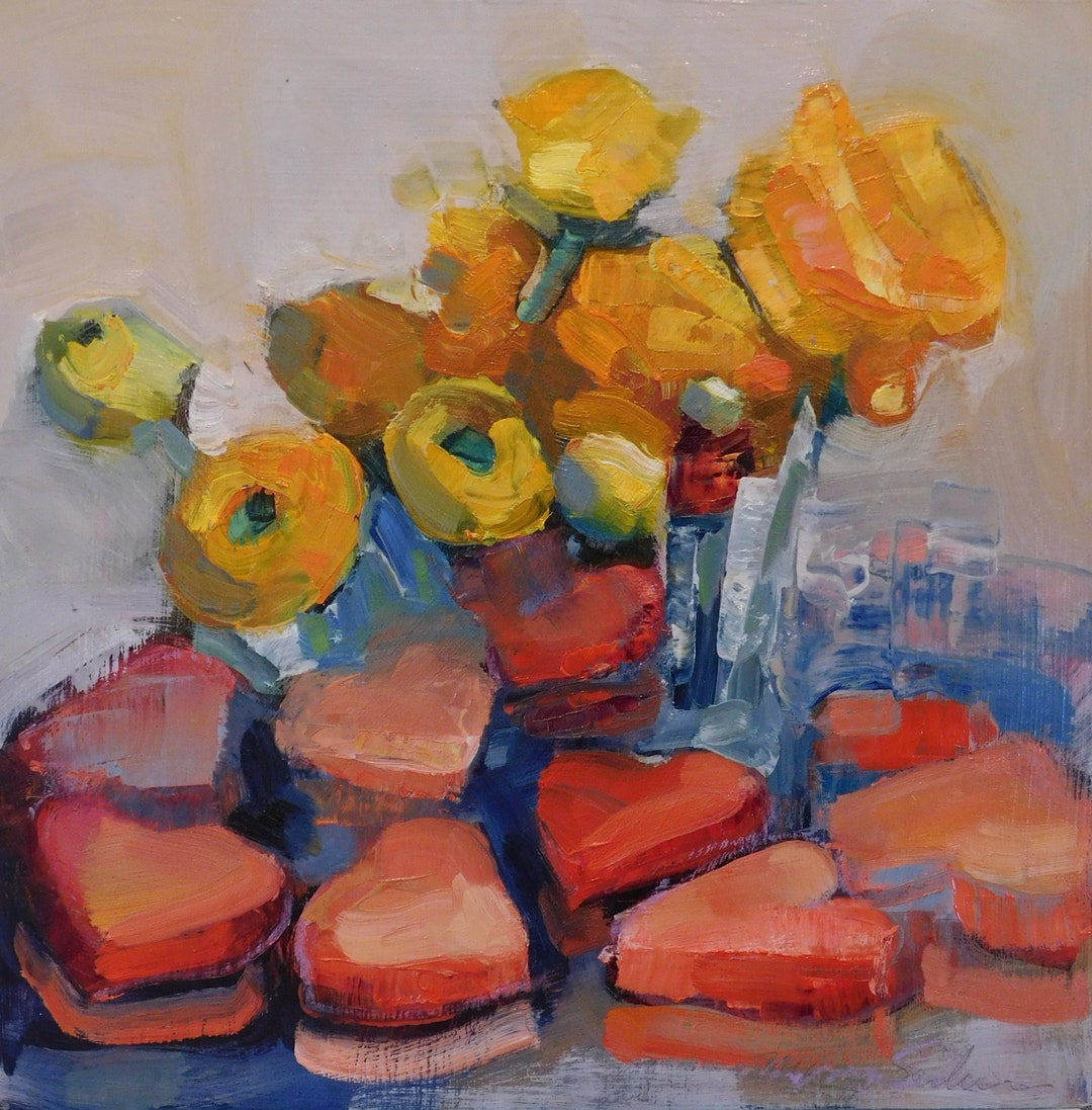 Impressionist Oil Painting: Orange Ranunculus & Heart Macarons - Etsy