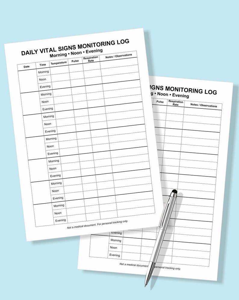 Vital Signs Monitoring Log Printable, Temperature Pulse Respiration ...