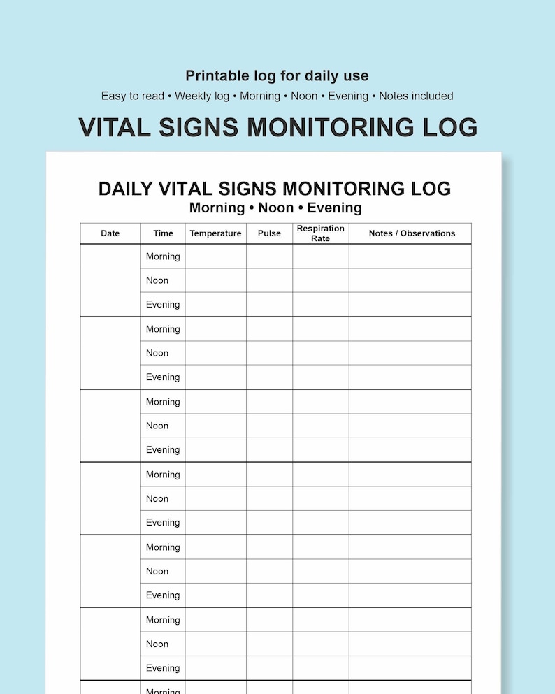 Vital Signs Monitoring Log Printable, Temperature Pulse Respiration ...