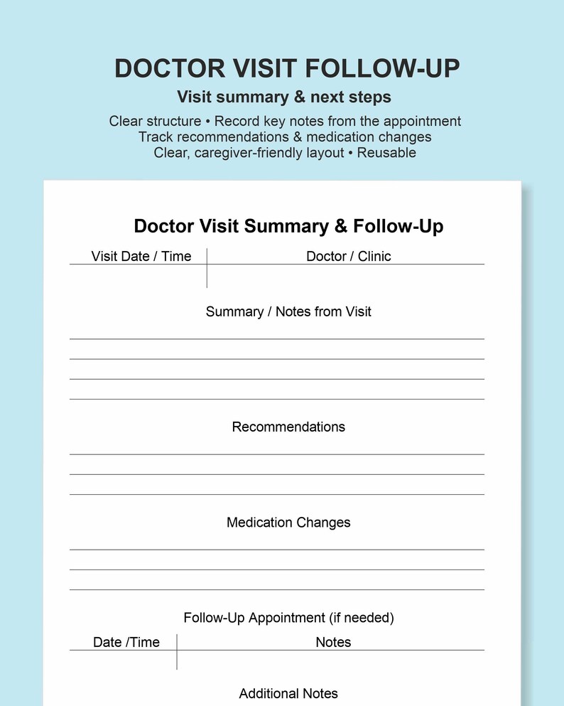 Doctor Visit Log Printable, Medical Appointment Planner for Caregivers ...