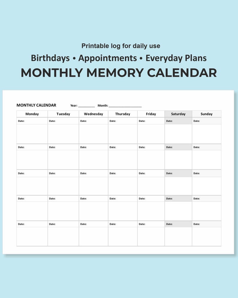 Monthly Memory Calendar Printable, Caregiver Planner, Senior Planning ...