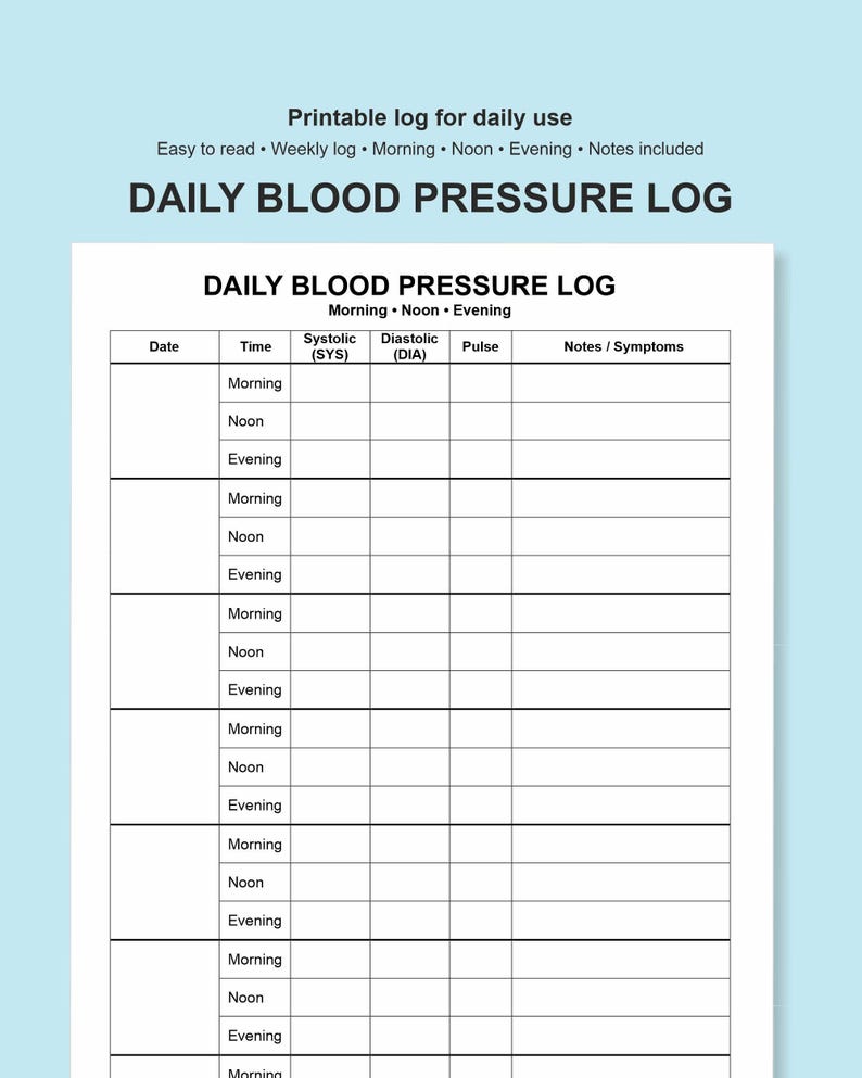 7-day Blood Pressure Log Printable, Morning Noon Evening BP Tracker ...
