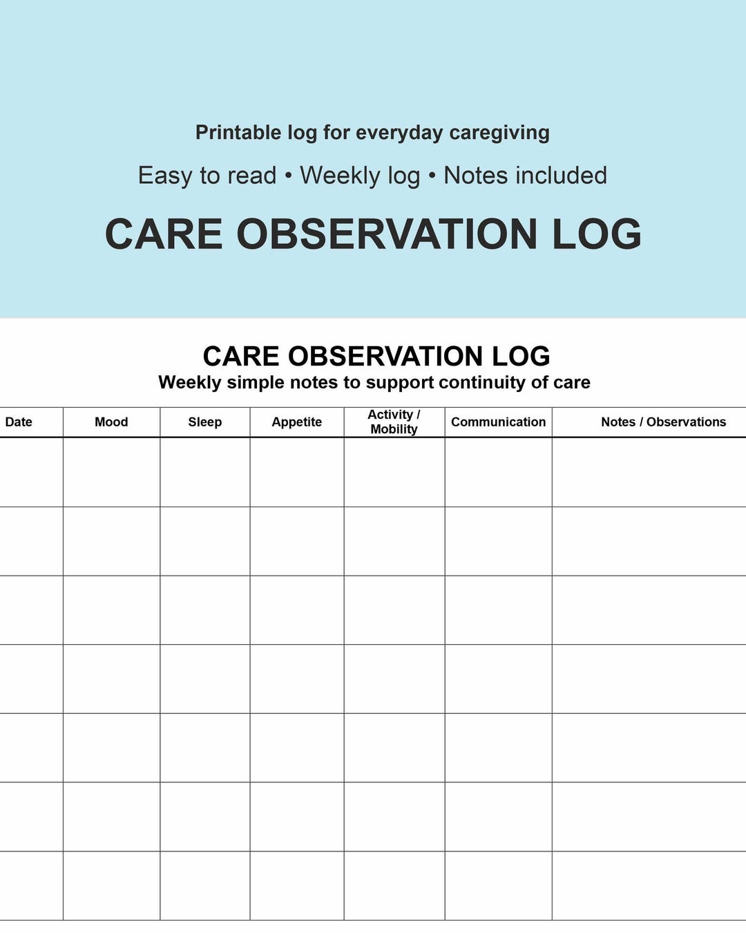 Weekly Care Observation Log | Senior Caregiver Notes (PDF Format A4 ...
