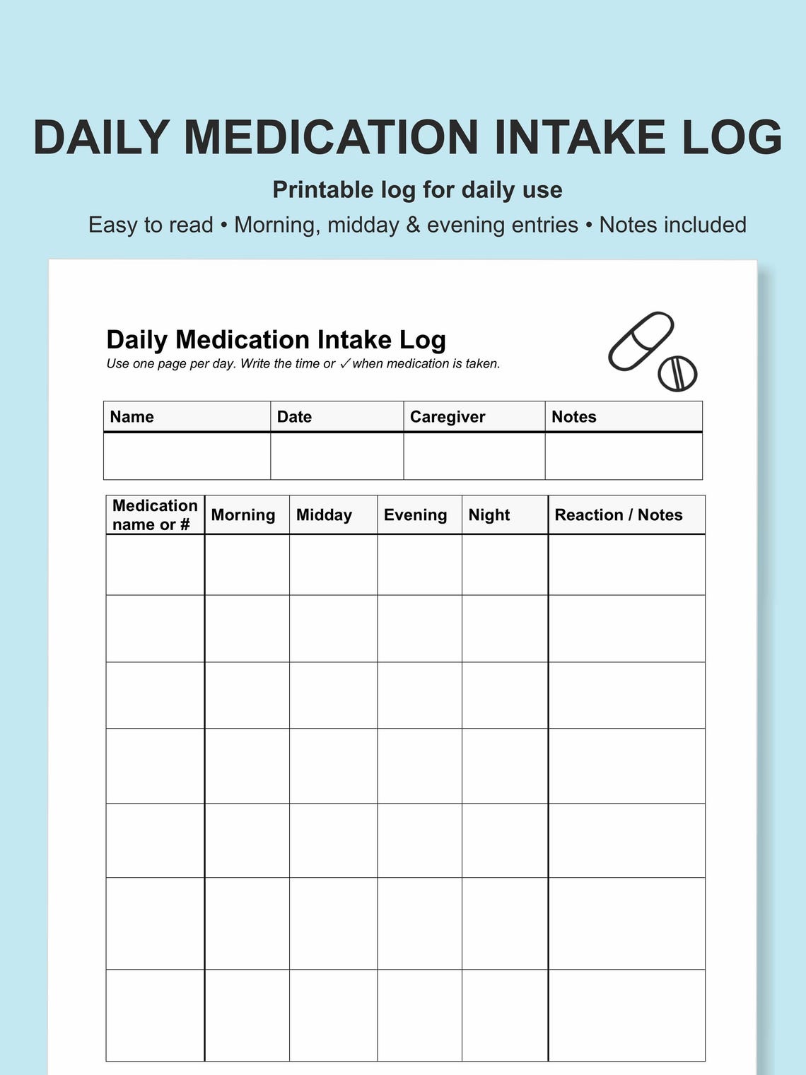 Daily Medication Intake Log Printable | Medication Tracker for Seniors ...