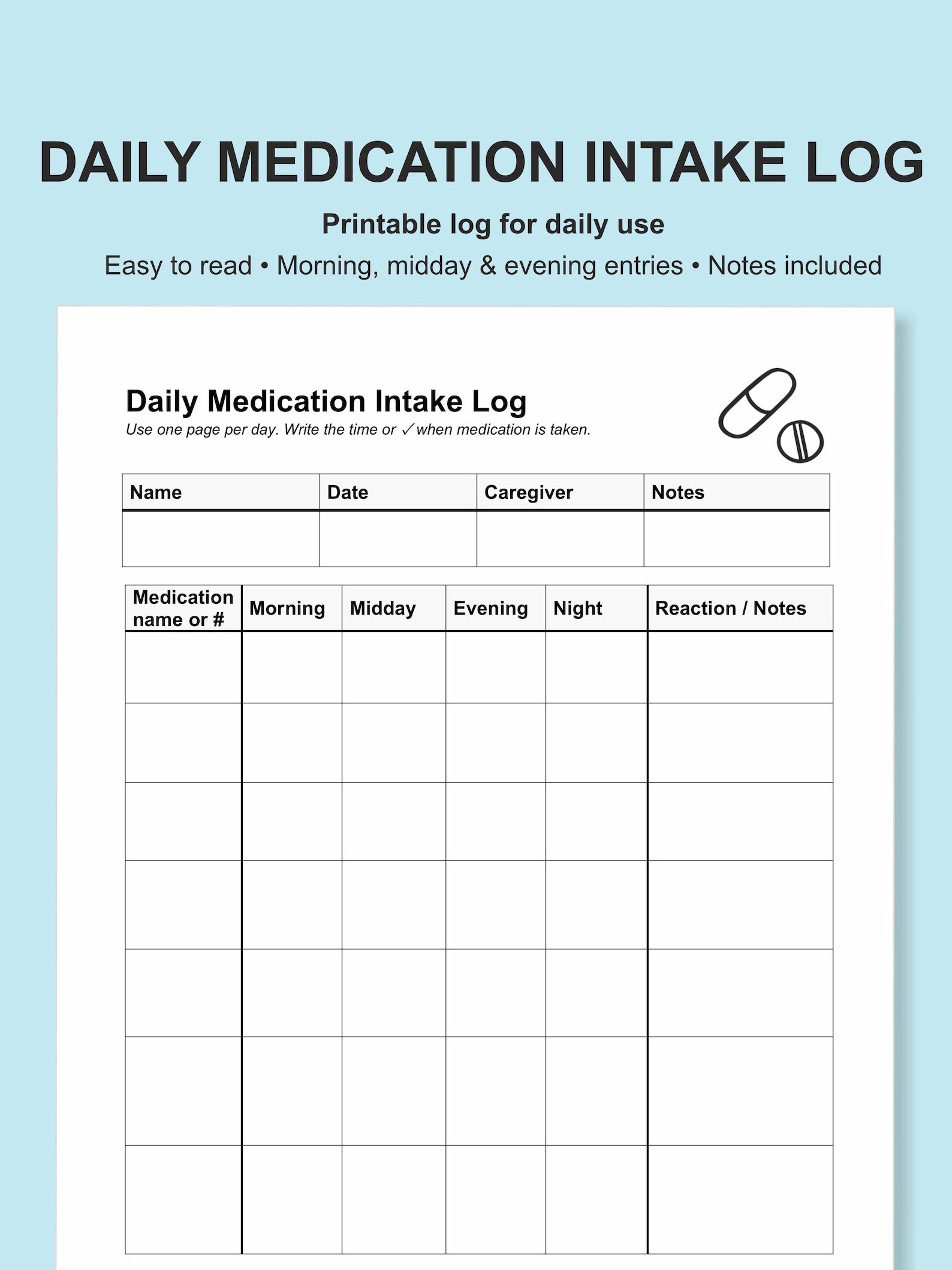 Daily Medication Intake Log Printable | Medication Tracker for Seniors ...