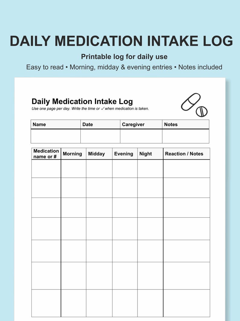 Daily Medication Intake Log Printable | Medication Tracker for Seniors ...