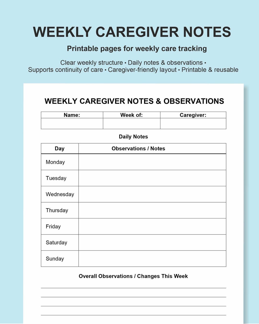 Weekly Caregiver Notes and Observations Printable | Senior Care Weekly ...
