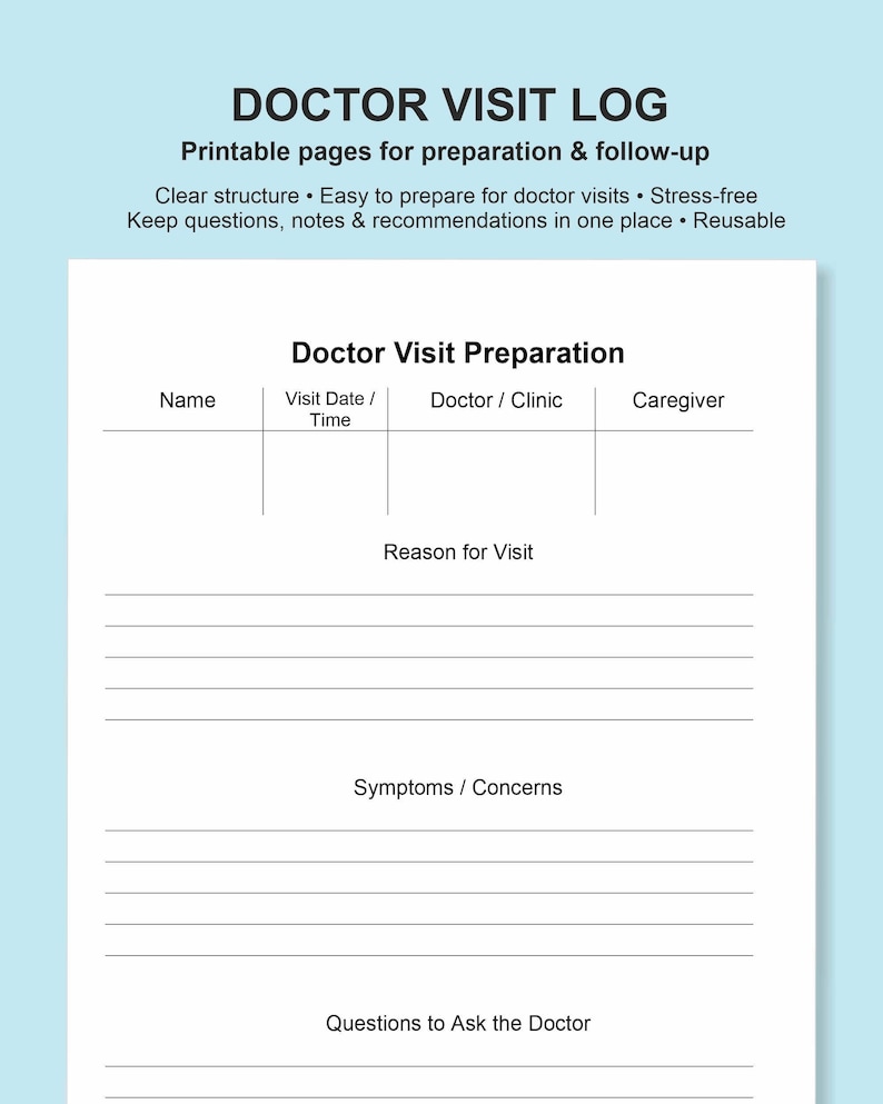 Doctor Visit Log Printable, Medical Appointment Planner for Caregivers ...