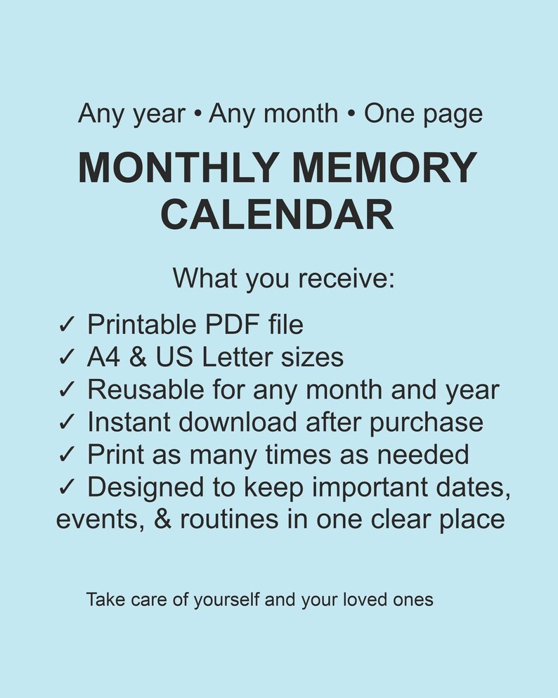 Monthly Memory Calendar Printable, Caregiver Planner, Senior Planning ...