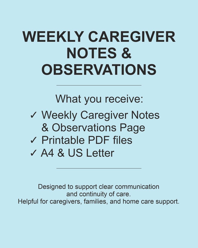 Weekly Caregiver Notes and Observations Printable | Senior Care Weekly ...