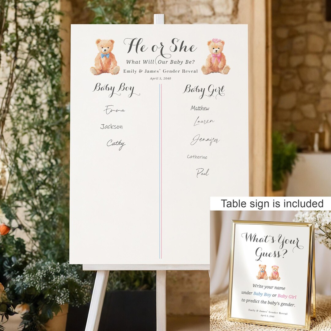 Teddy Bear Gender Reveal Poster Game, He or She Voting (PDF Files ...