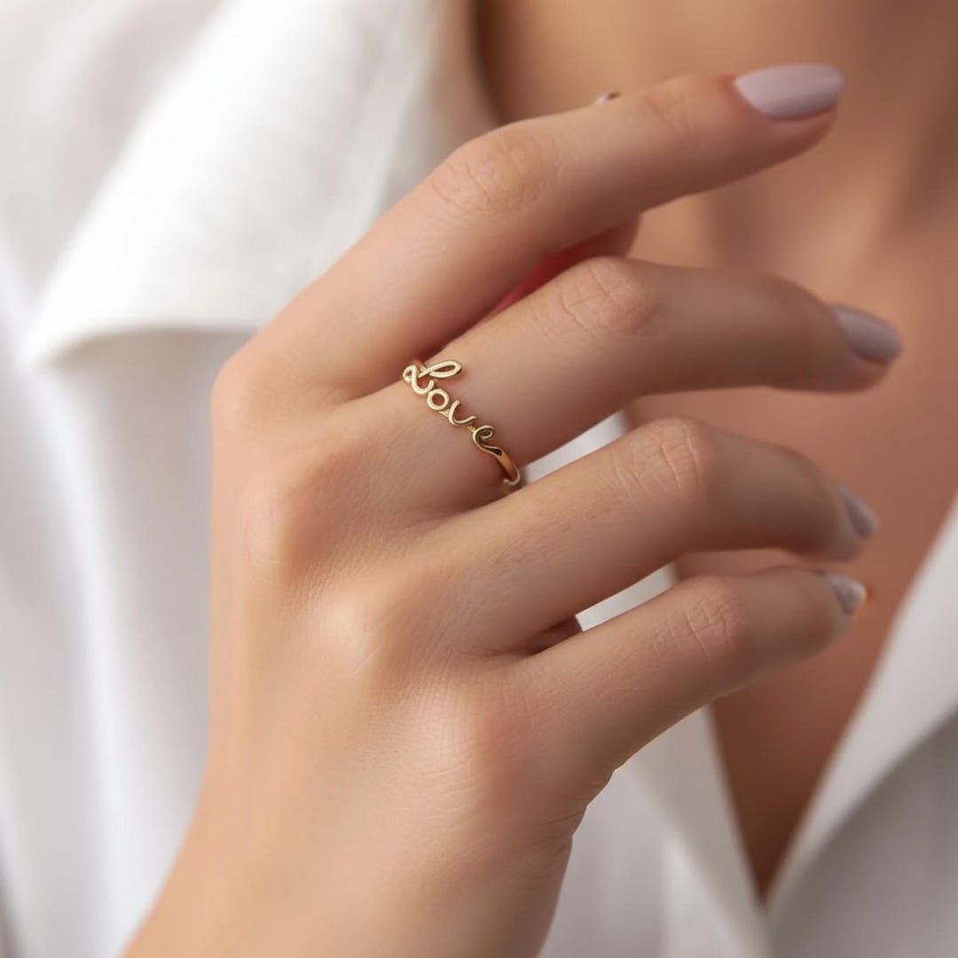 14K Solid Gold Love Ring, Dainty Script Love Jewelry, Valentine's Day ...