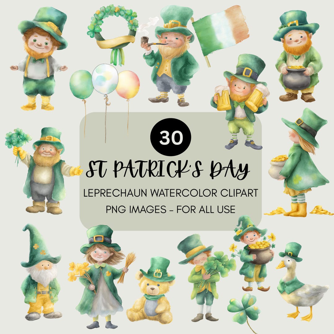 30 St. Patrick's Day Clipart Bundle | Watercolor Leprechauns, Shamrocks ...