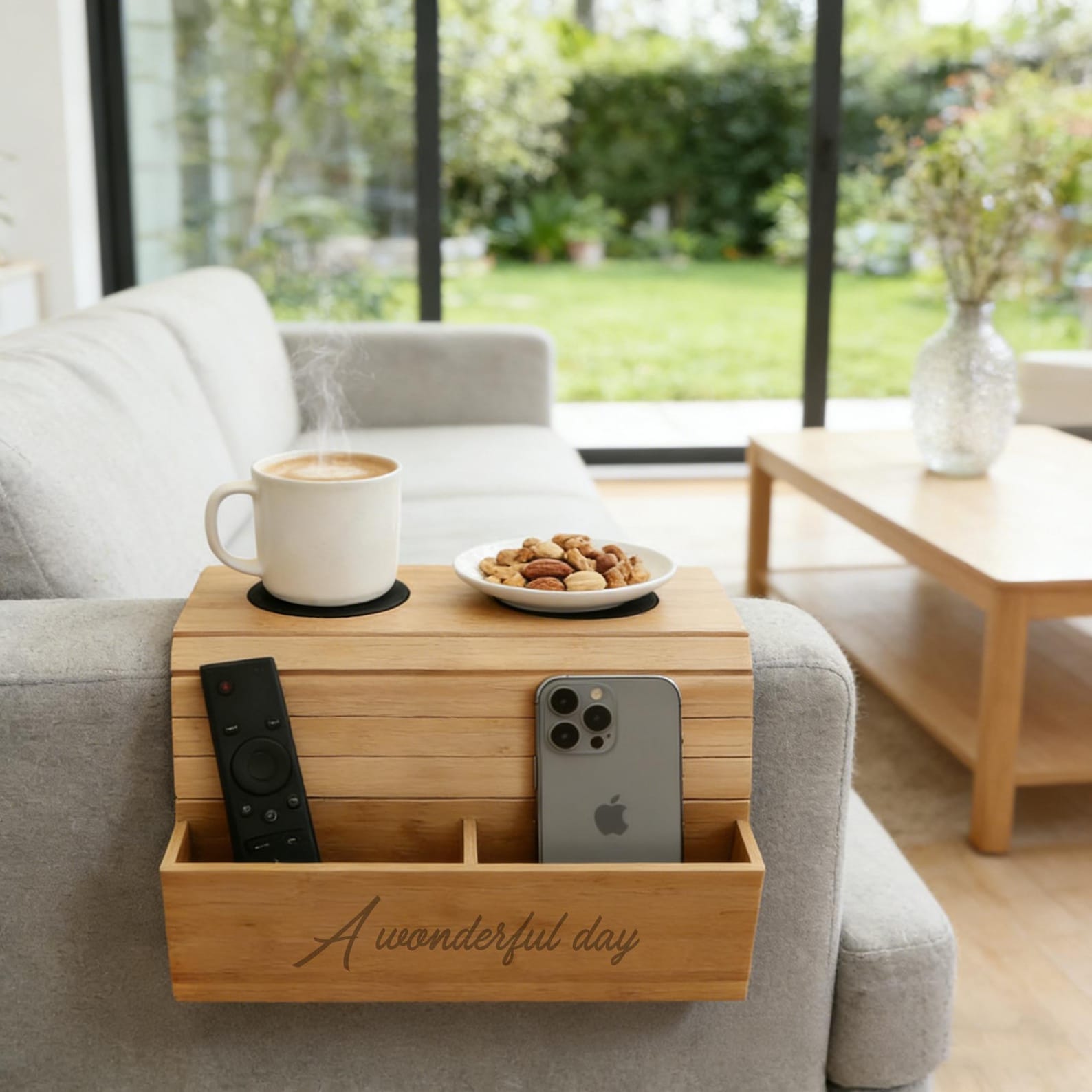 Custom Bamboo Sofa Armrest Tray, Foldable Couch Armrest Organizer, Non ...