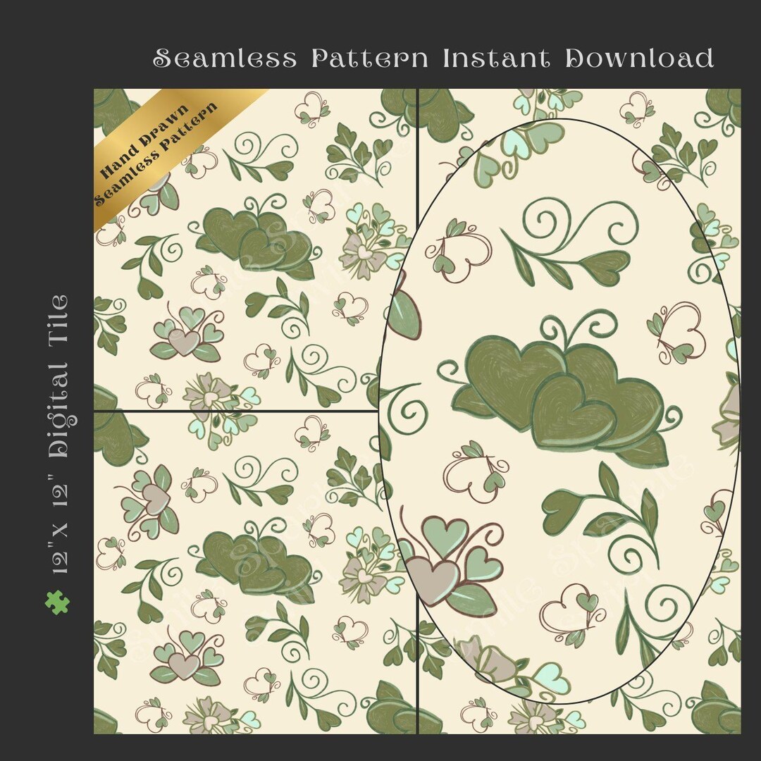 Heart Cottagecore Leaf Botanical 12x12 Seamless Digital Pattern PNG ...