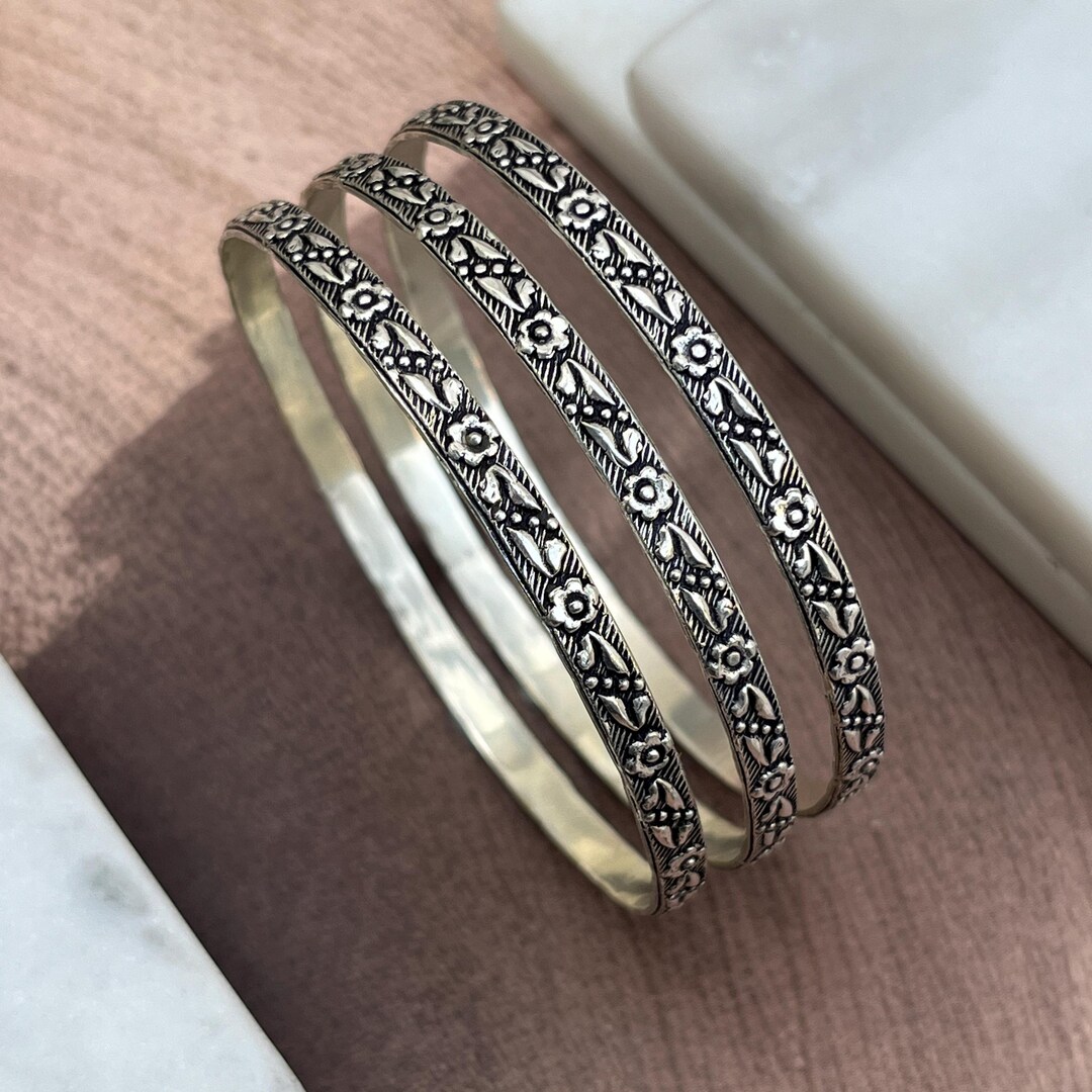 Floral Engraved Silver Bangles | Vintage Boho Stackable Bracelets - Etsy