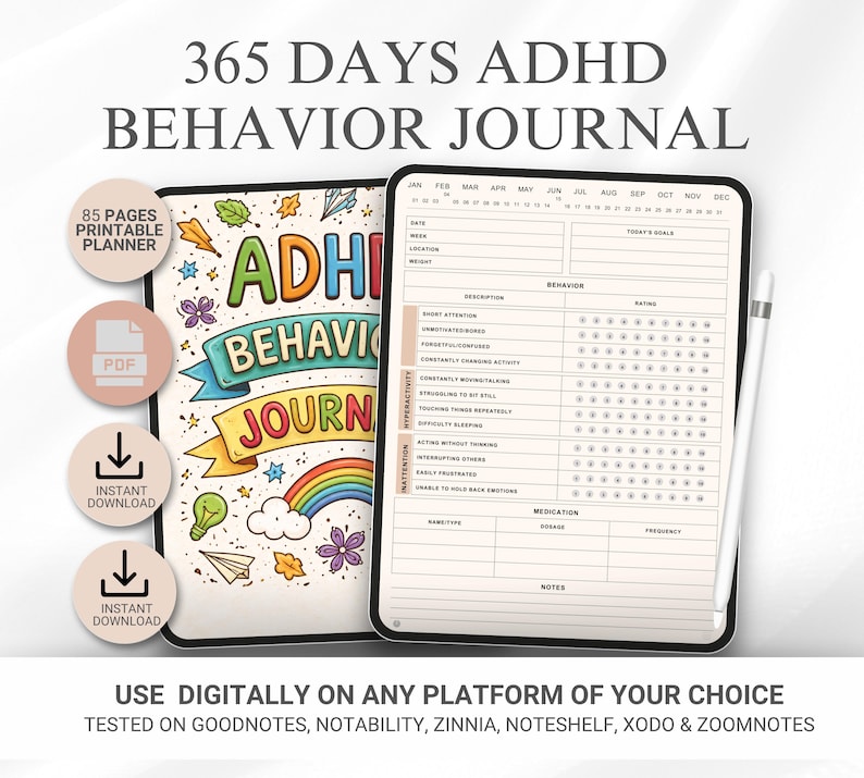 ADHD Behavior Journal, Daily Symptom Tracker, Emotions, Medication ...