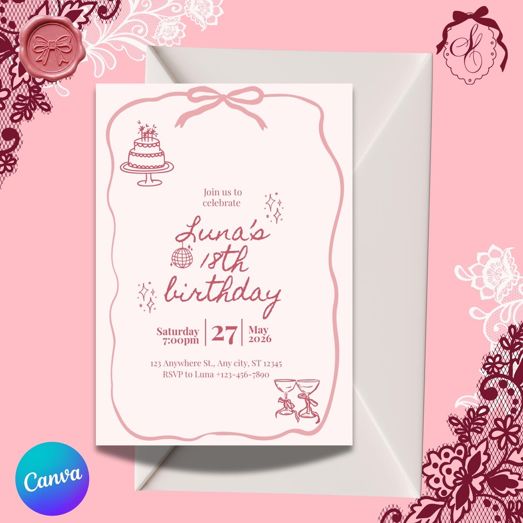 Pink Birthday Invitation Template Girly Bow Birthday Theme Editable ...