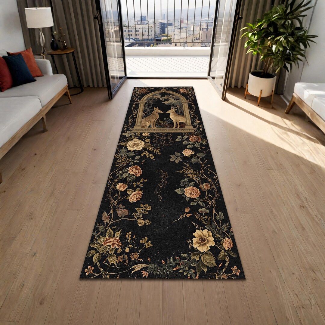 Vintage Deer Floral Runner Rug, Dark Cottagecore Hallway Kitchen Mat ...