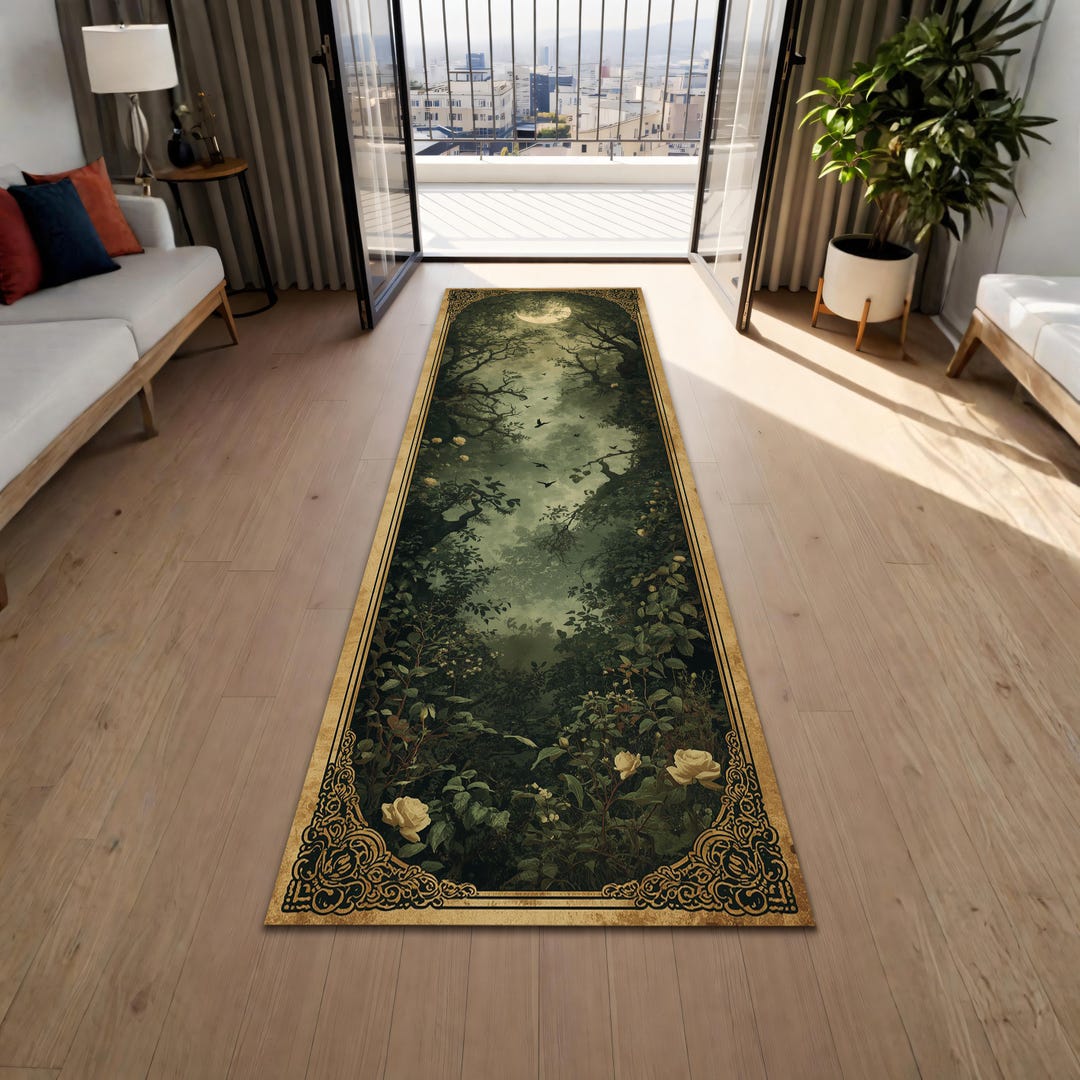 Moonlit Forest Runner Rug, Dark Green Woodland Night Landscape Hallway ...