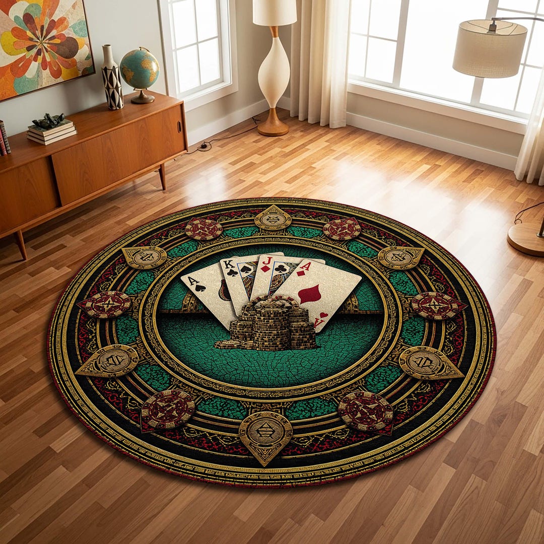 Round Casino Poker Rug for Living Room, Playing Cards and Chips Design ...