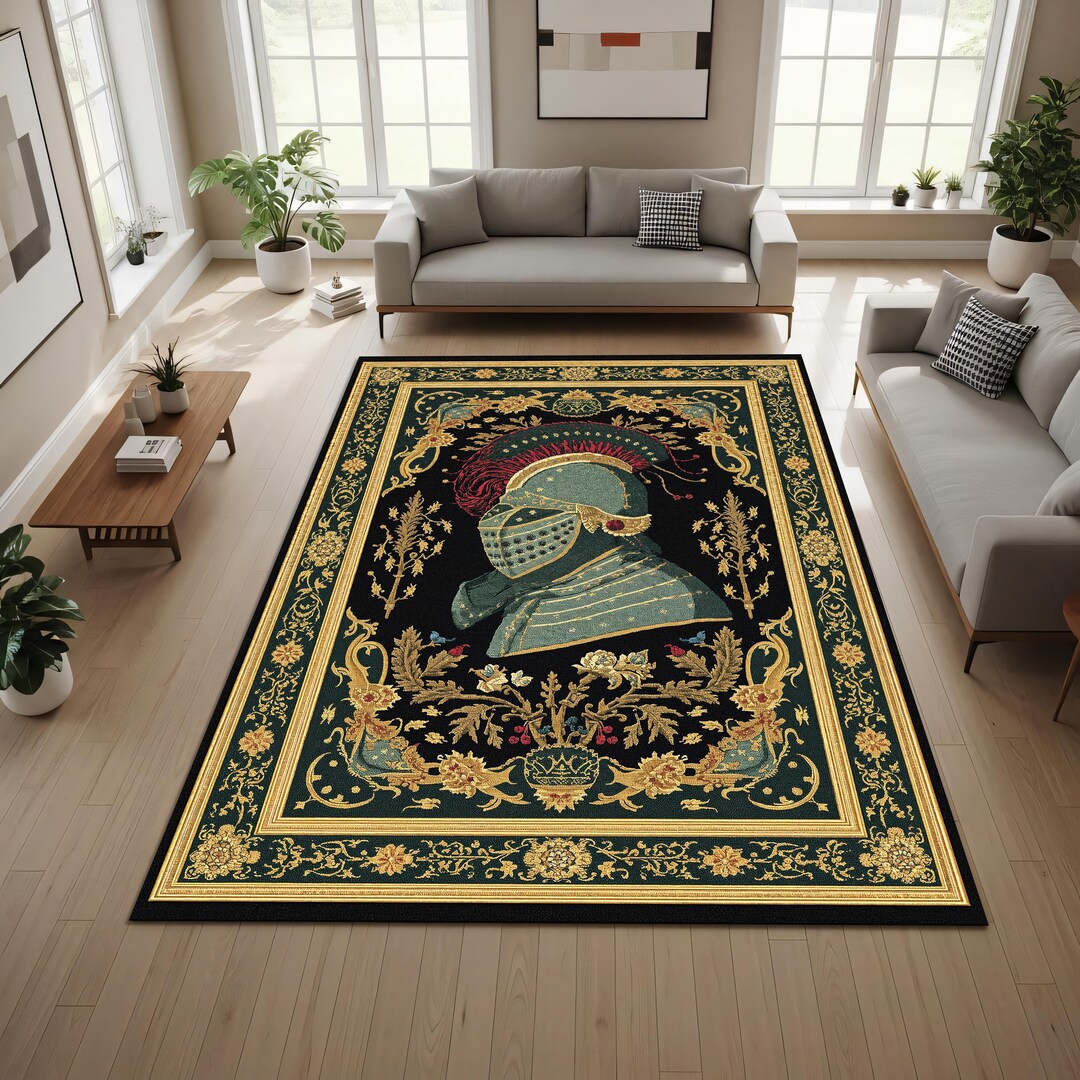 Medieval Knight Helmet Rug, Dark Teal & Gold Persian Border Carpet ...