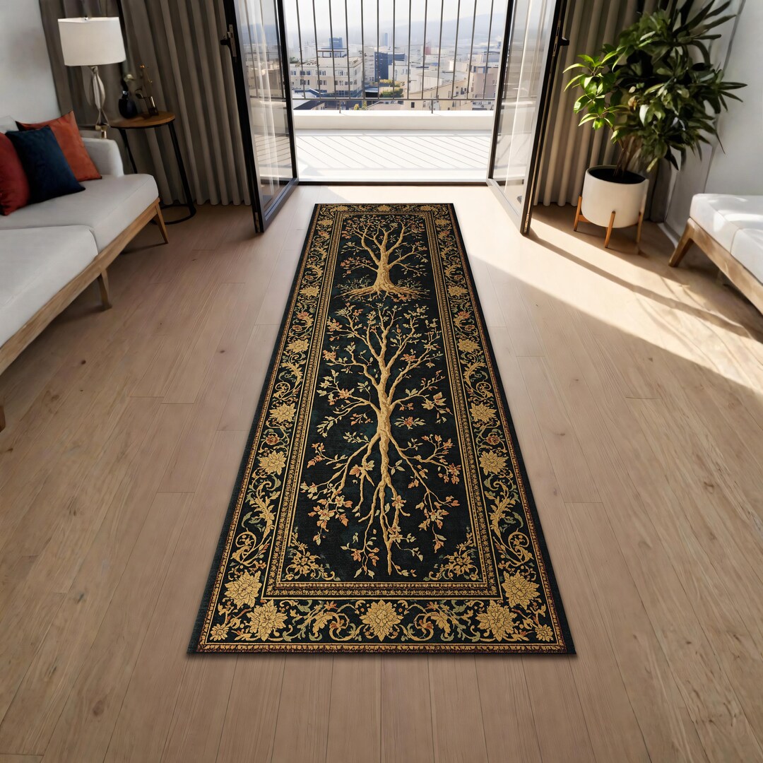 Tree of Life Runner Rug, Black Gold Vintage Botanical Hallway Carpet ...