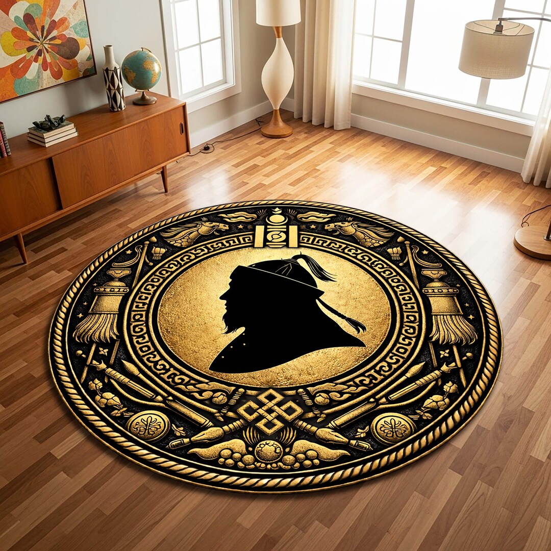 Mongol Warrior Round Rug Gold Black, Nomad Tribal Floor Mat, Steppe ...