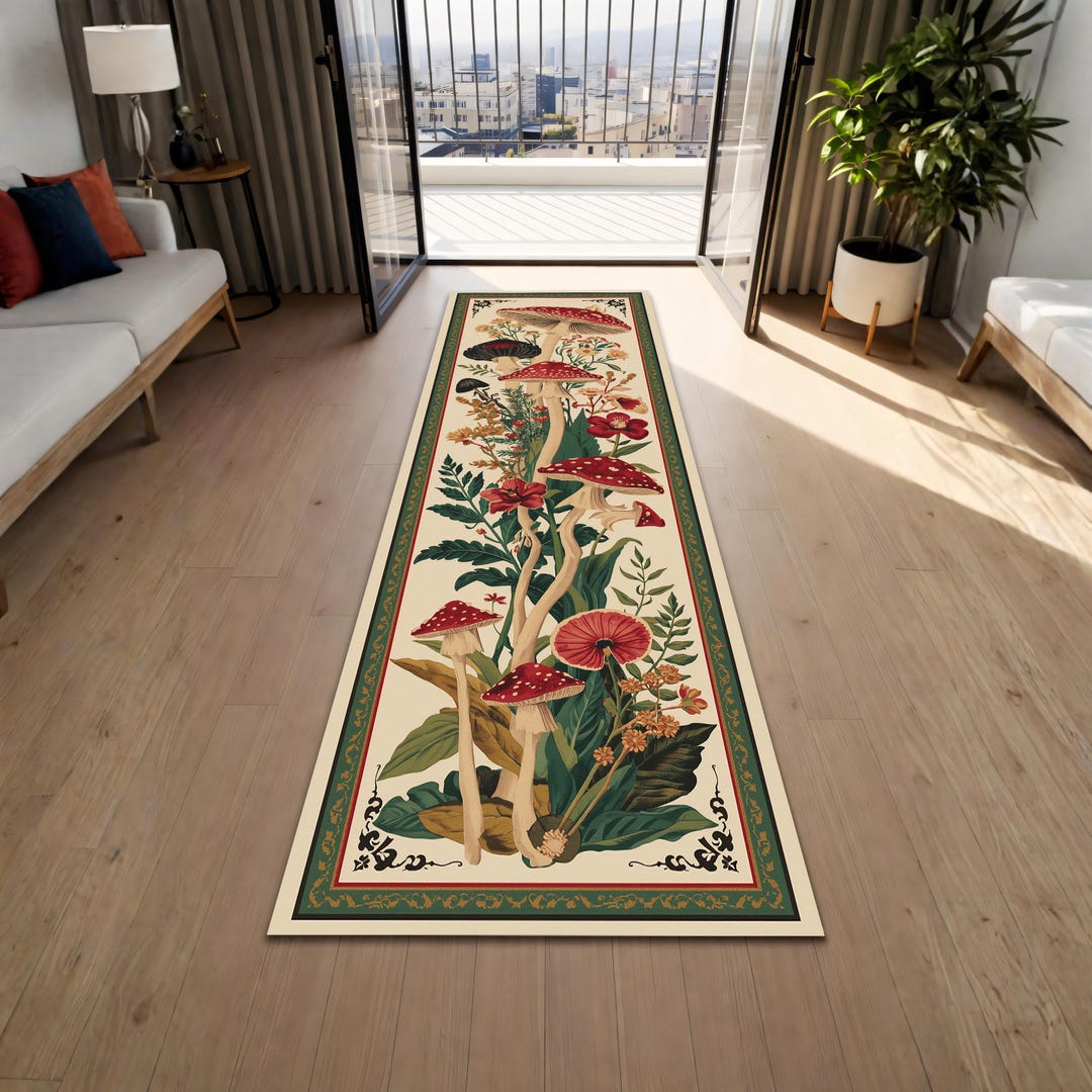 Botanical Mushroom Runner Rug With Vintage Floral Illustration ...