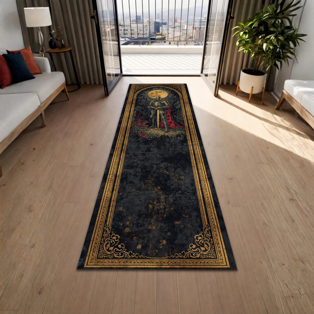 Gothic Knight Runner Rug, Black Gold Medieval Hallway Carpet, Vintage ...