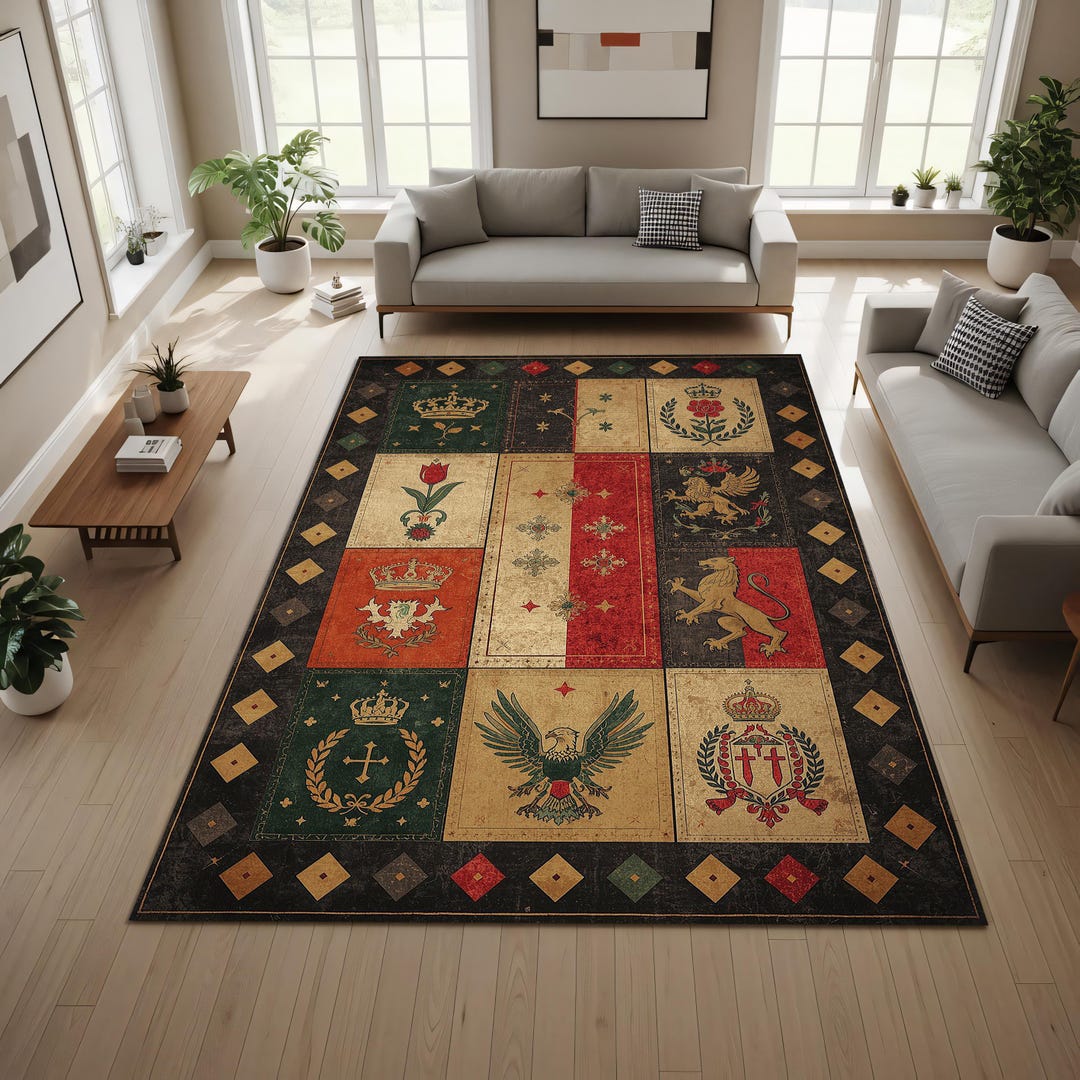 Medieval Heraldic Patchwork Area Rug, Vintage Crest Lion & Eagle ...