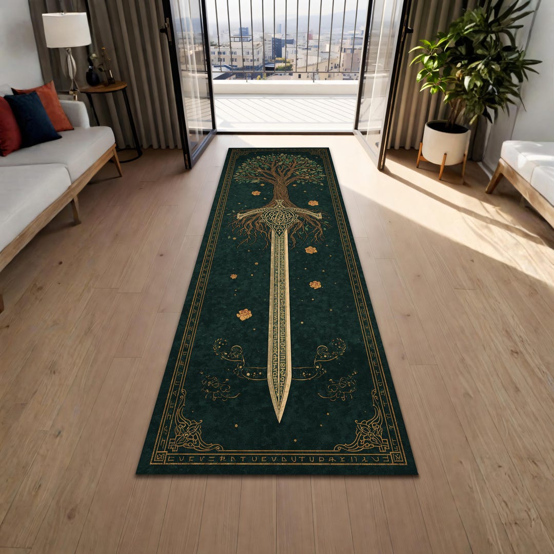 Fantasy Sword and Tree of Life Runner Rug, Dark Green Magic Carpet for ...