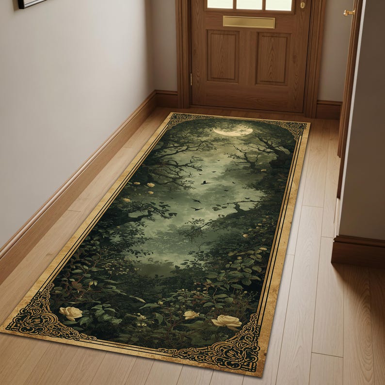 Moonlit Forest Runner Rug, Dark Green Woodland Night Landscape Hallway ...