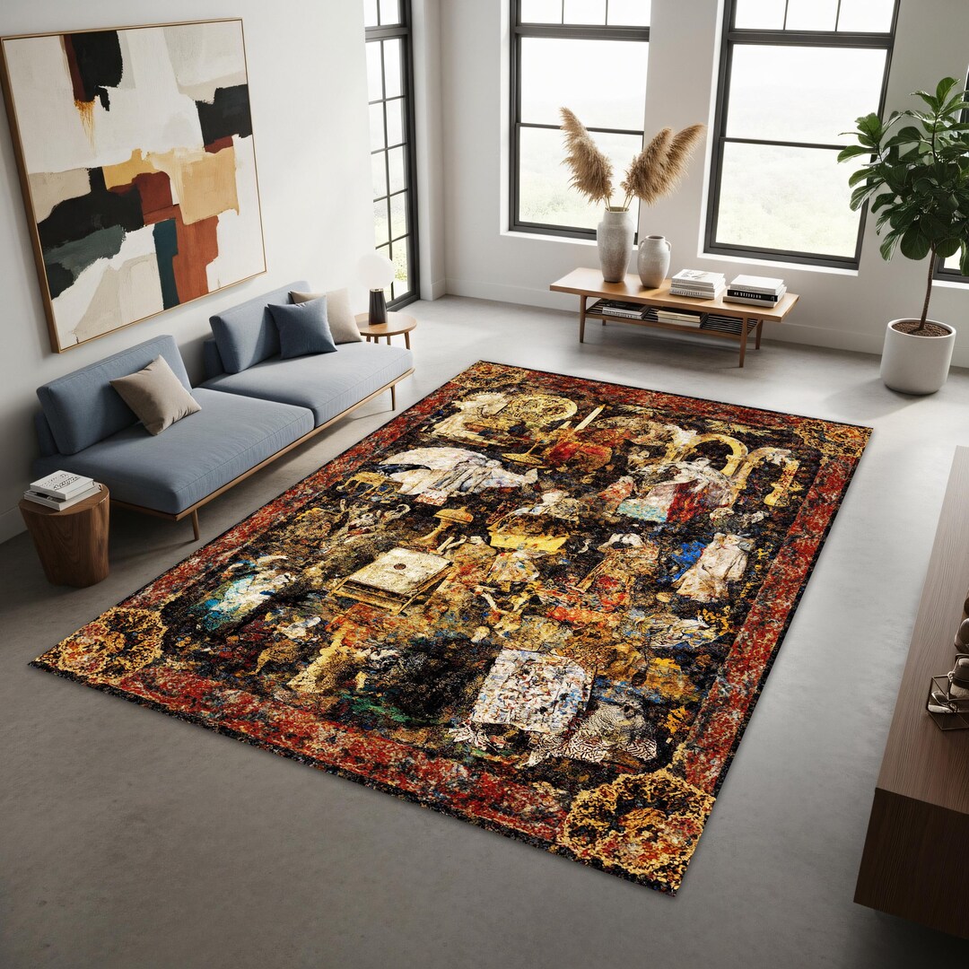 Vintage Curiosity Collage Area Rug, Dark Academia Antique Scene Carpet ...