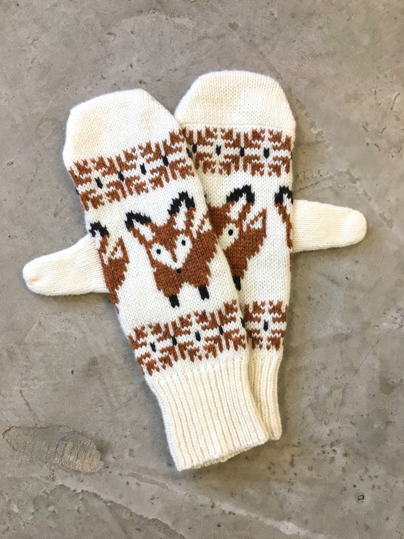 Fox Gloves Wool Fox Mittens Lambs Wool Fox Motif Fox Mittens Knitted ...