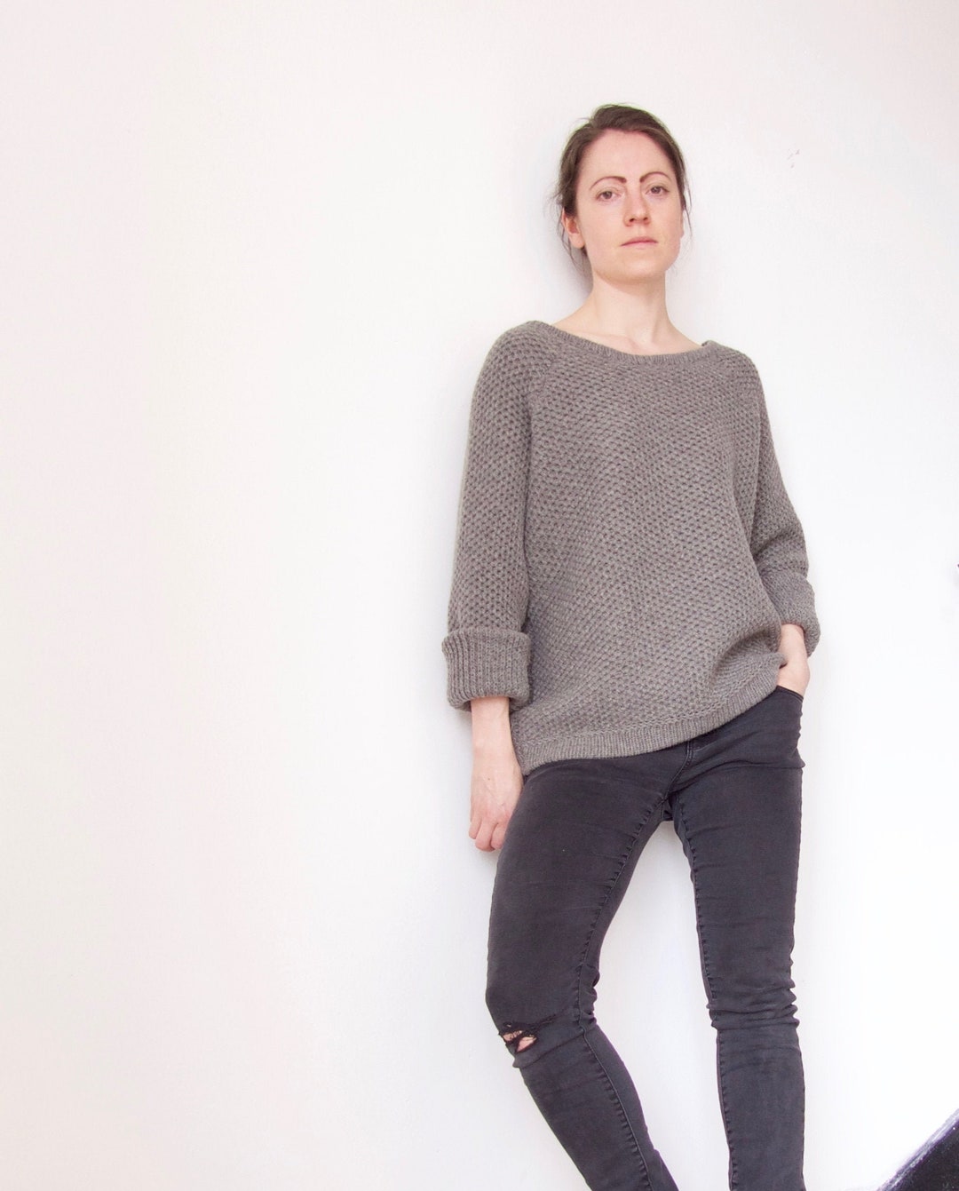 Womens Knitted Jumper Grey Slouchy Boyfriend Style Sweater in Cashmere ...